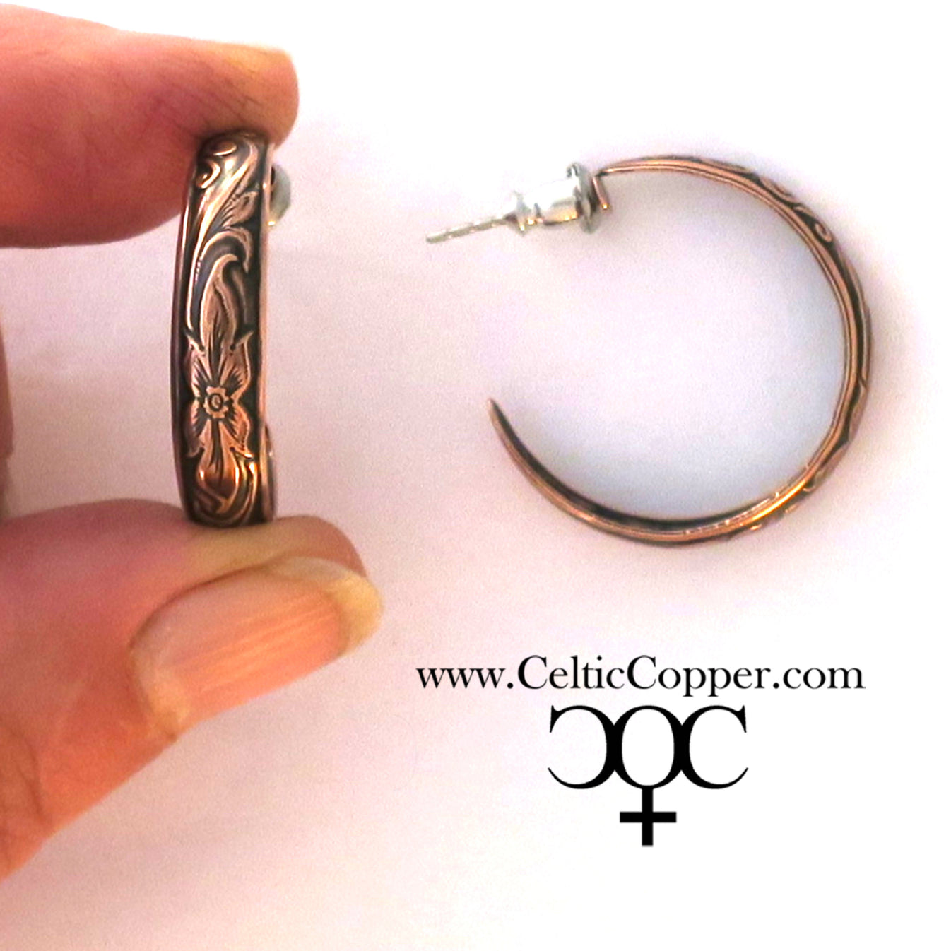 Floral Embossed Copper Hoop Earrings EC80 Solid Copper Jewelry Post St ...